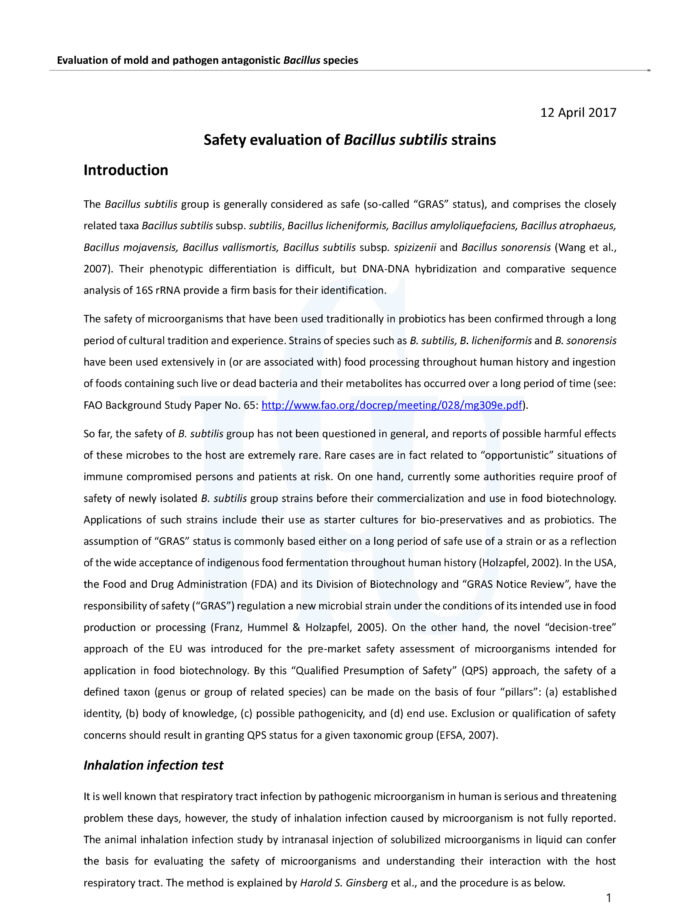 Testing Data: Safety Evaluation of Bacillus Subtilis Strains